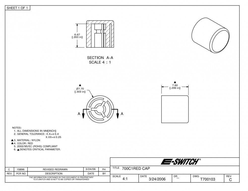 E-Switch 700C1RED cap technical drawing