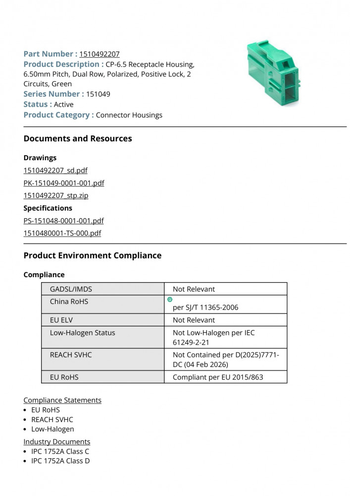 Molex CP 6.5 mm connector system technical document page 1