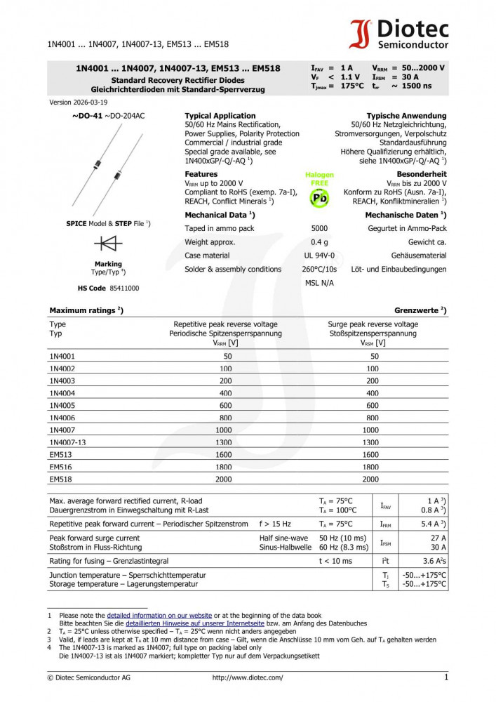 DIOTEC 1N4007-13 datasheet page 1