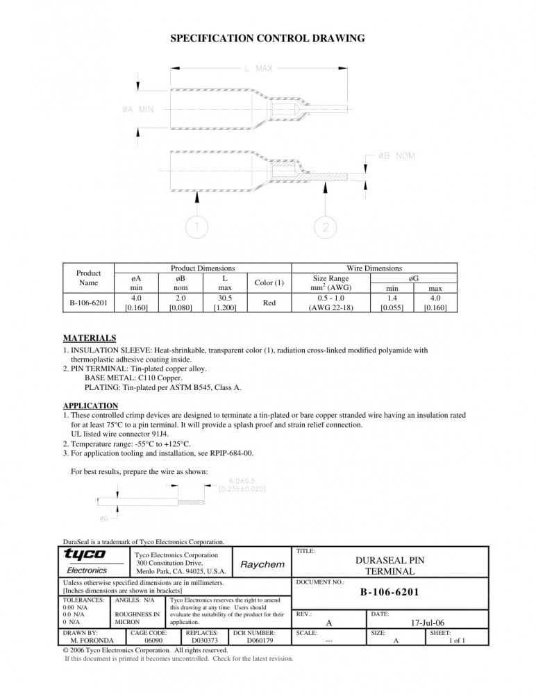 TE Connectivity DuraSeal pin terminal drawing for 555201-000