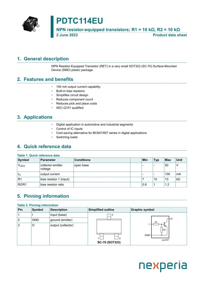 PDTC114EU datasheet page 1