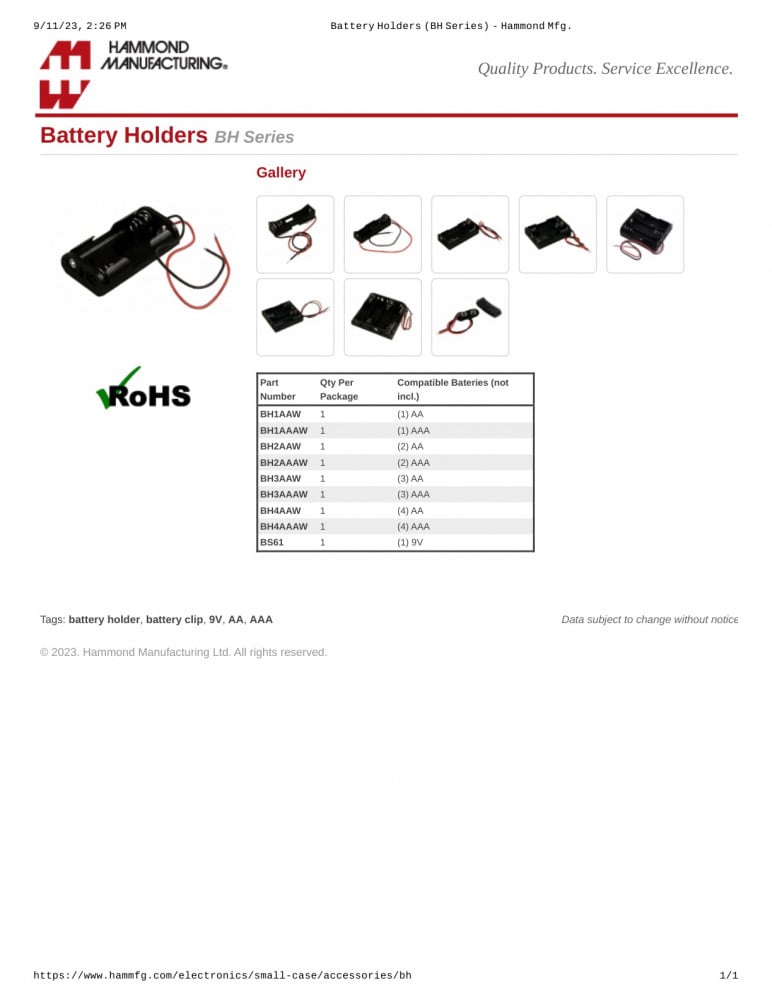 Hammond BH Series battery holder documentation