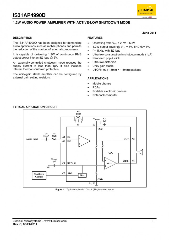 IS31AP4990D datasheet page 1