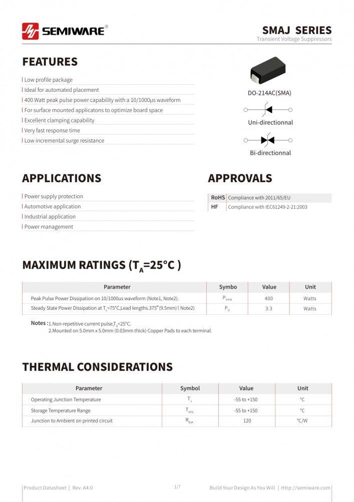 SEMIWARE SMAJ TVS diode datasheet page 1