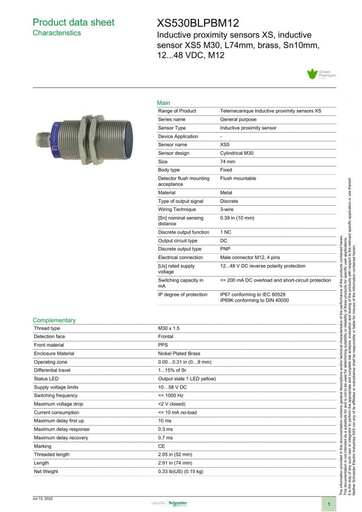 XS530BLPBM12 technical document page 1
