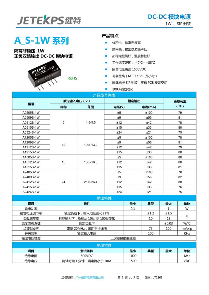 A0505S-1W datasheet page 1