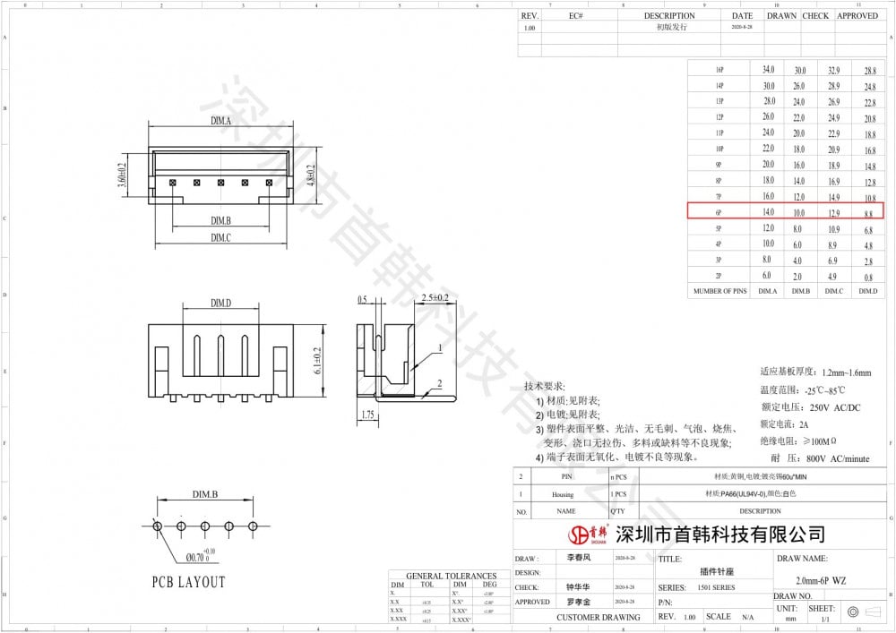 2.0mm-6P WZ technical drawing page 1