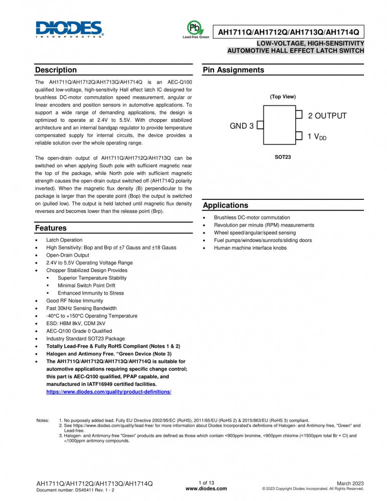 AH1713Q-SA-7 datasheet page 1