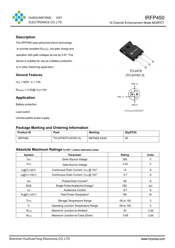 IRFP450-HXY datasheet page 1