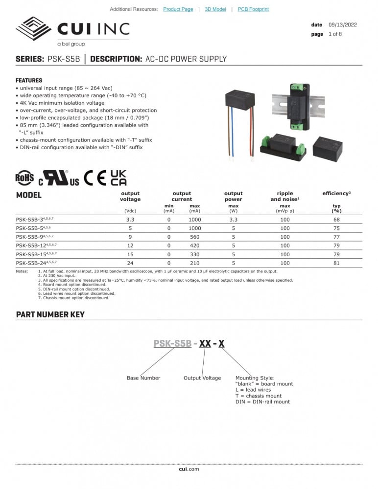 CUI PSK-S5B datasheet page 1