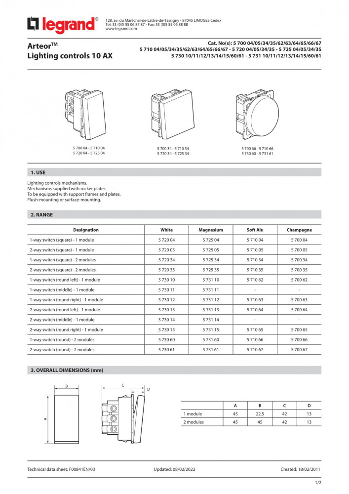Legrand Arteor lighting controls technical document, page 1