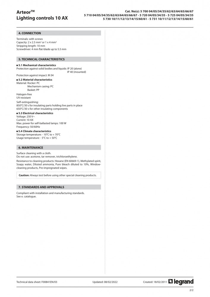 Legrand Arteor lighting controls technical document, page 2