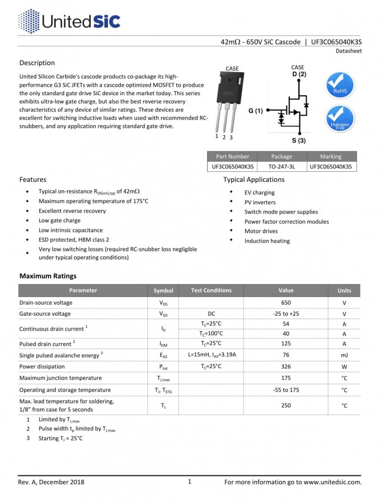 UF3C065040K3S datasheet page 1