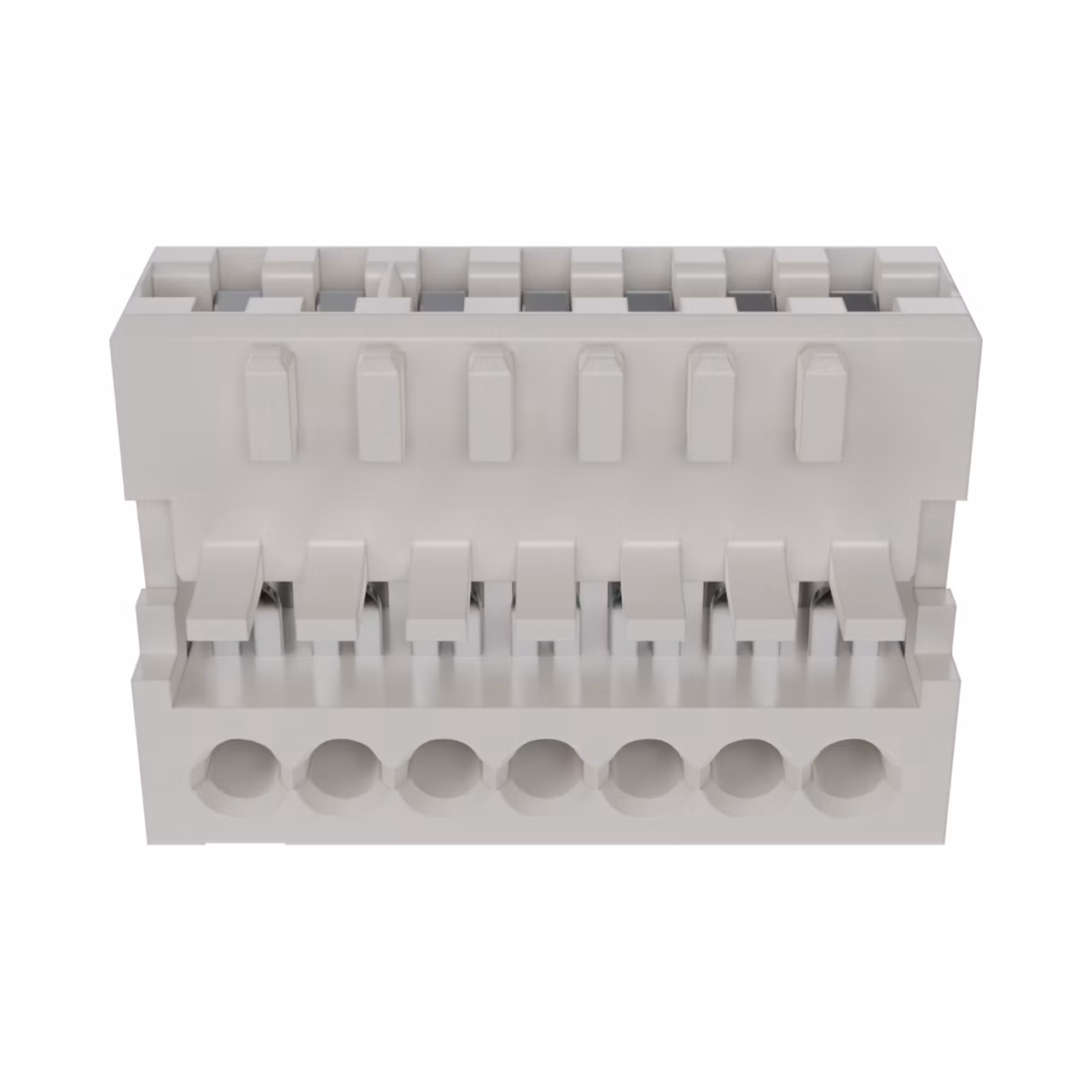 Appli-Mate RAST 2.5 IDT Housing, 2.50mm Pitch, Female, 7 Circuits, Beaded Terminal, Position Keys A & H Removed, Slotted Endwalls, Polarizing Rib Between Circuits 2 & 3 for sale