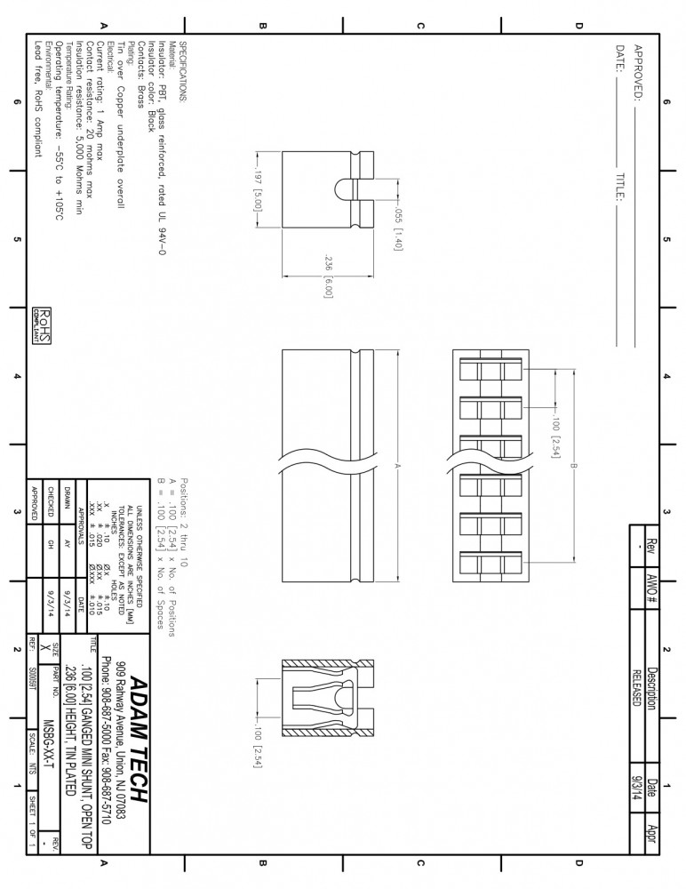 ADAM TECH MSBG-XX-T ganged mini shunt product drawing