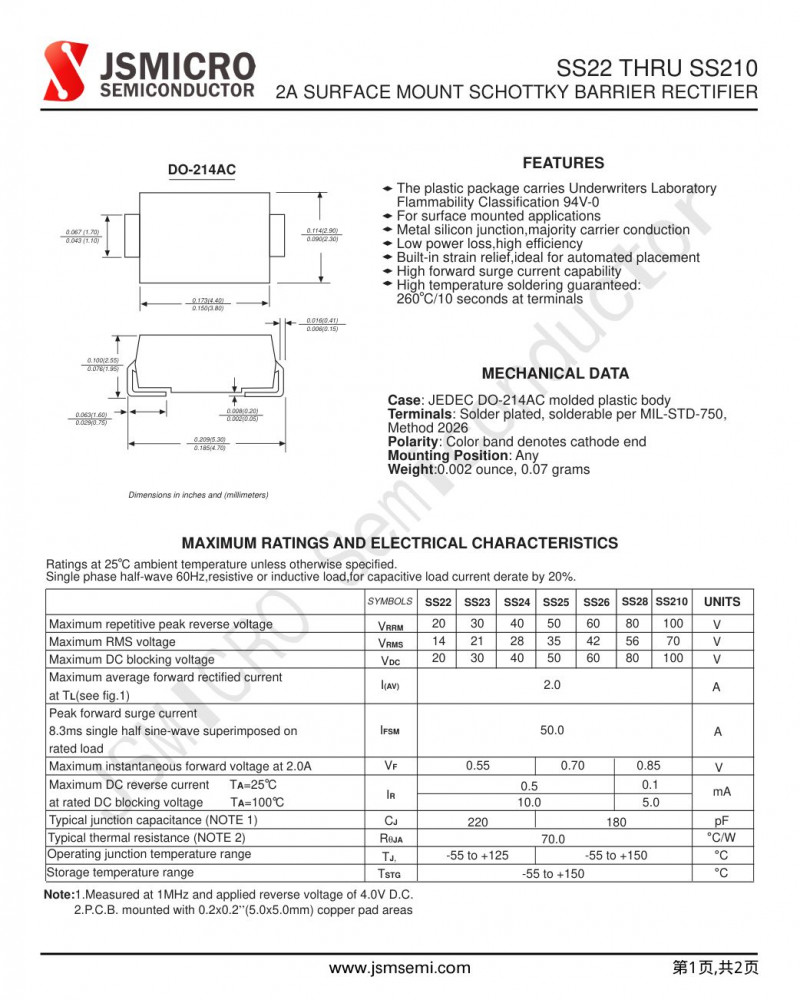 JSMSEMI SS210 datasheet page 1