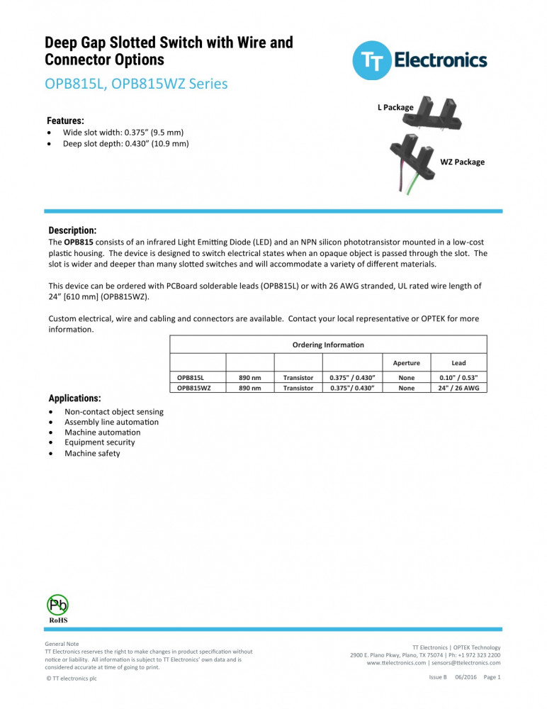 OPB815L datasheet page 1