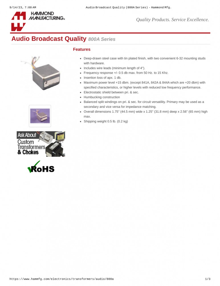 Hammond 800A Series documentation page 1