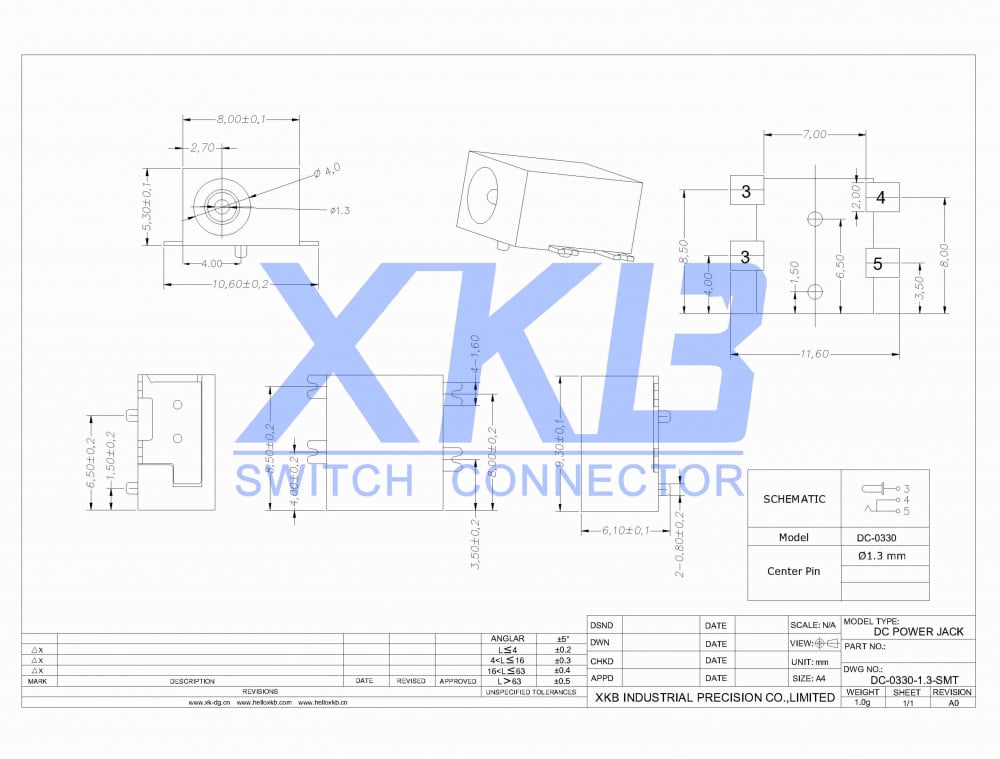 XKB Connection DC-0330-1.3-SMT technical drawing