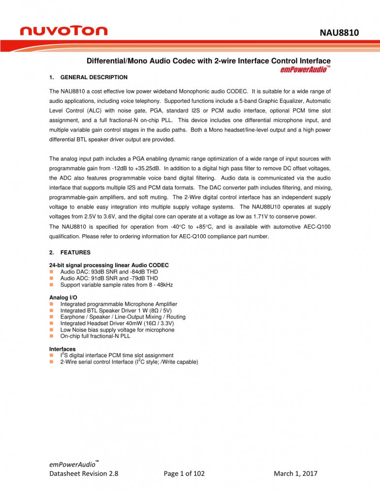 NAU8810YG datasheet page 1