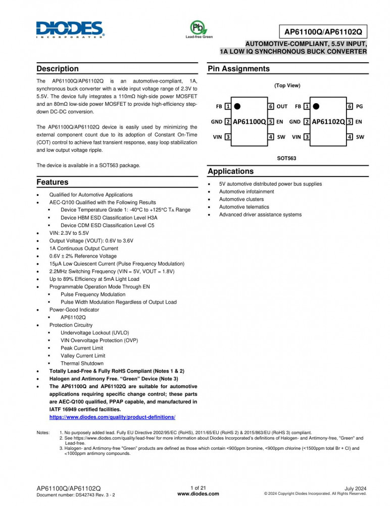 AP61102QZ6-7 datasheet page 1
