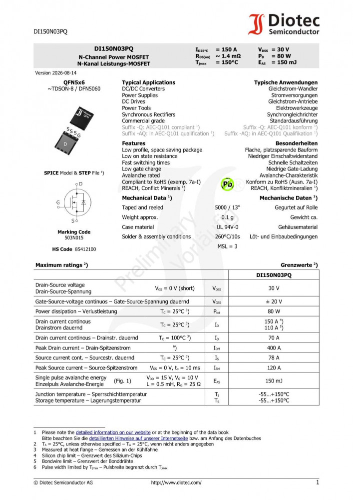 DI150N03PQ datasheet page 1