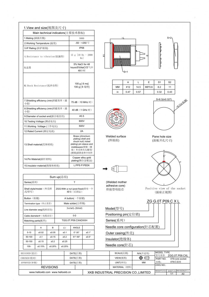 XKB Connection ZGG.0T.P09.CLL technical drawing and specifications