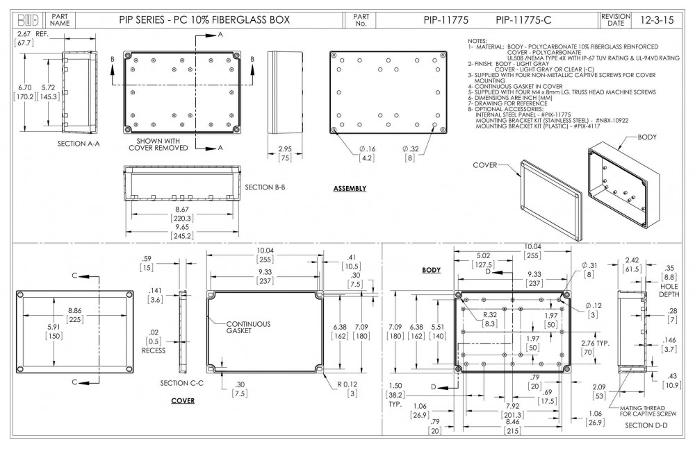 Bud Industries PIP-11775 enclosure technical drawing