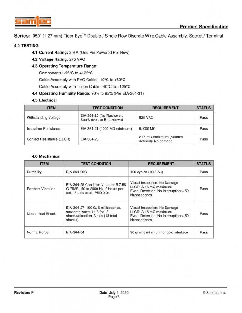 Samtec Tiger Eye specification page 3