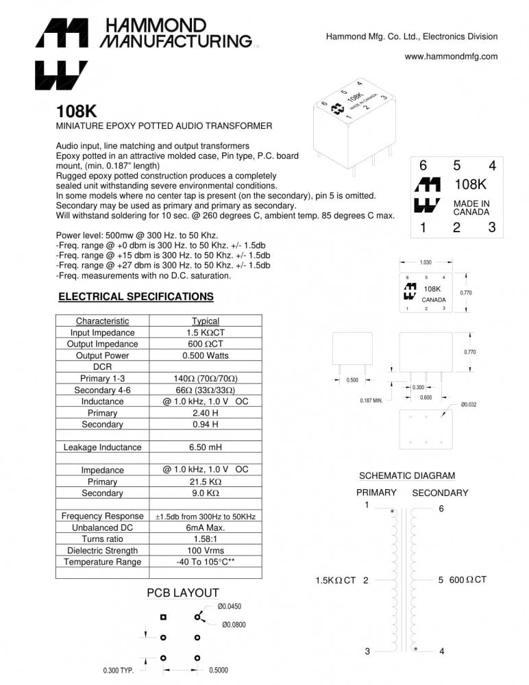 Hammond 108K technical document page 1