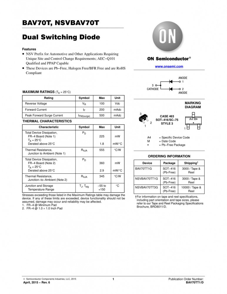 BAV70TT1G technical document page 1