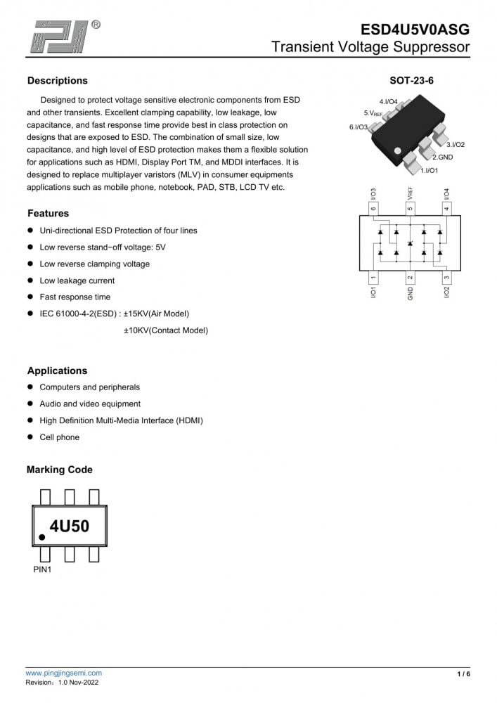 ESD4U5V0ASG datasheet page 1