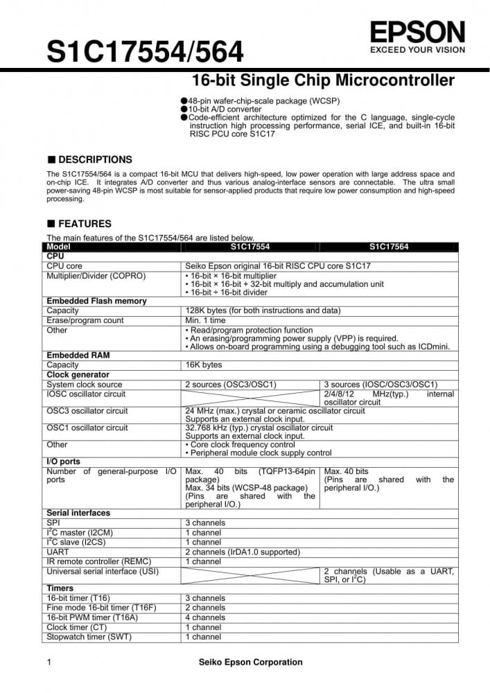 EPSON S1C17564F111100 datasheet page 1