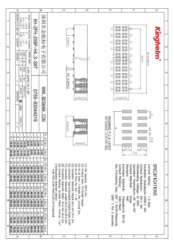 Kinghelm KH-2FH-2X8P-H4.3-SMT technical drawing