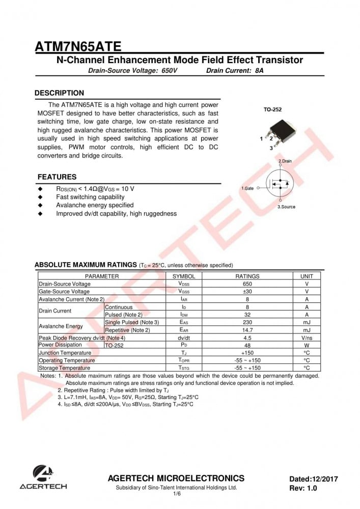 ATM7N65ATE datasheet page 1