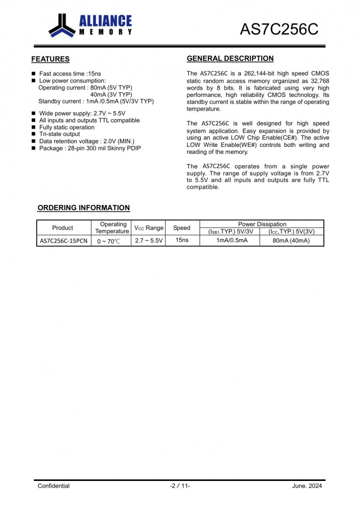 AS7C256C datasheet page 2