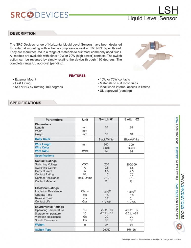 COTO LSH horizontal liquid level sensor documentation page 1