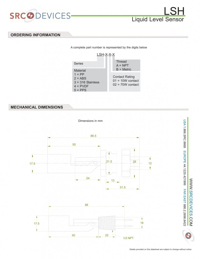 COTO LSH horizontal liquid level sensor documentation page 2