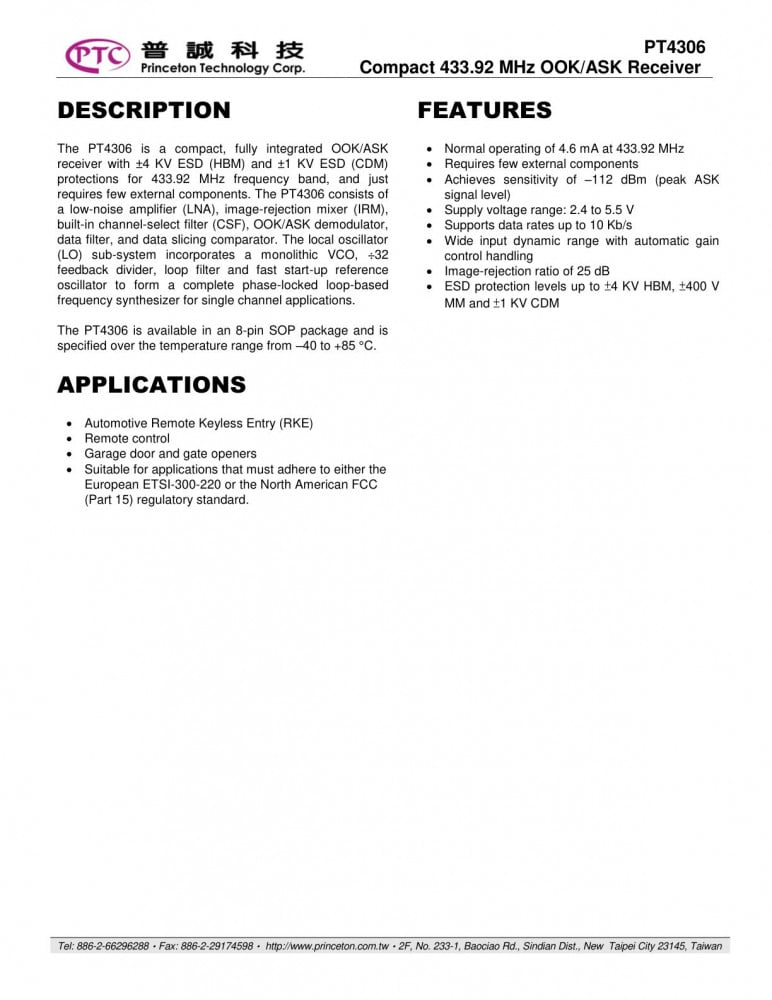 PT4306-S datasheet page 1
