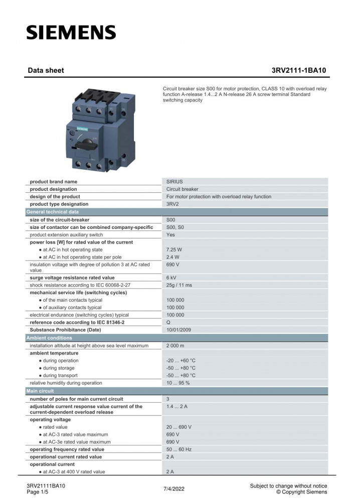 3RV21111BA10 technical document page 1