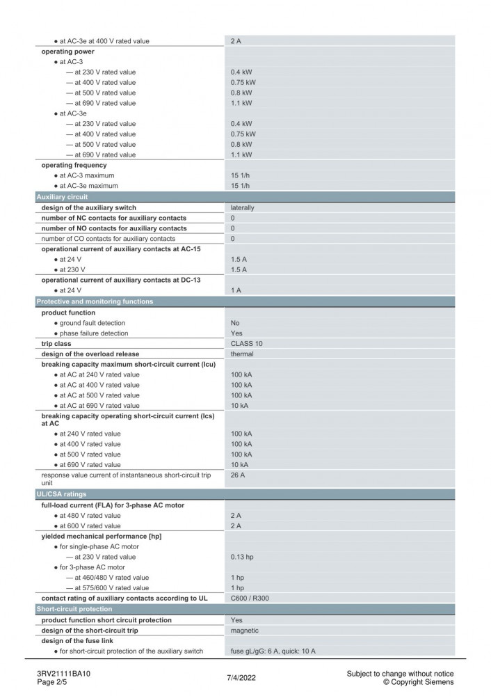 3RV21111BA10 technical document page 2