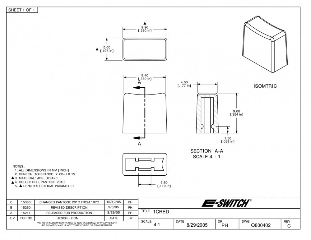 E-Switch 1CRED technical drawing page