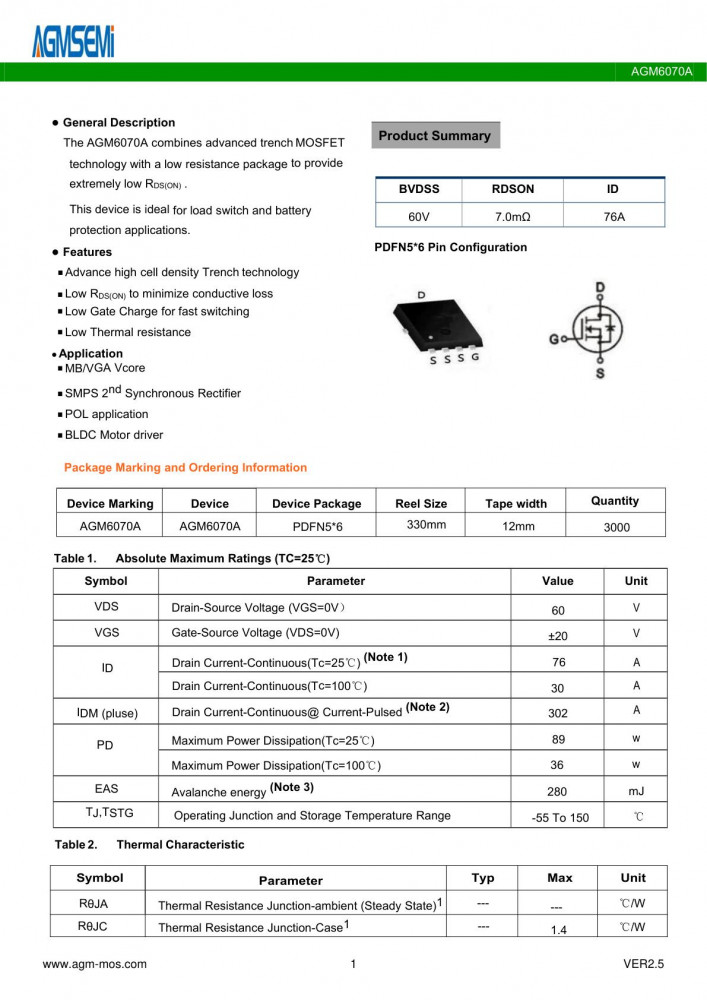 AGM6070A datasheet page 1
