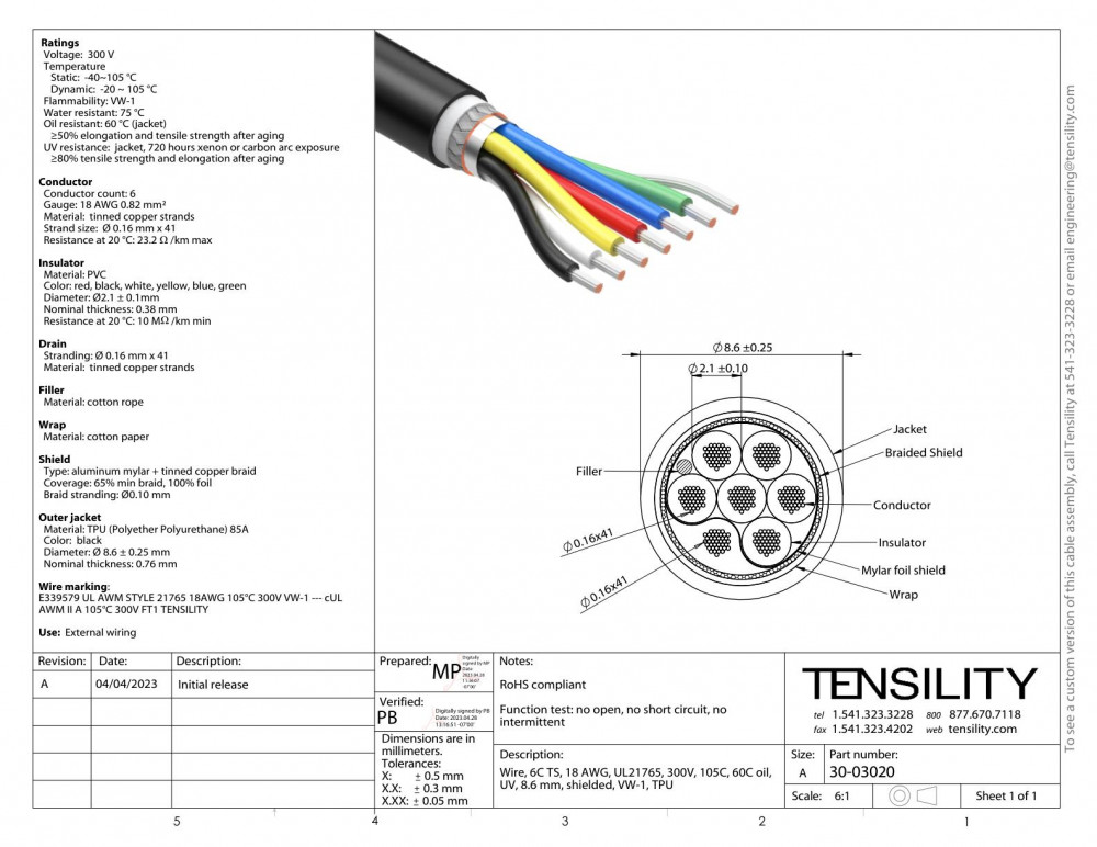 Tensility 30-03020 cable specification drawing