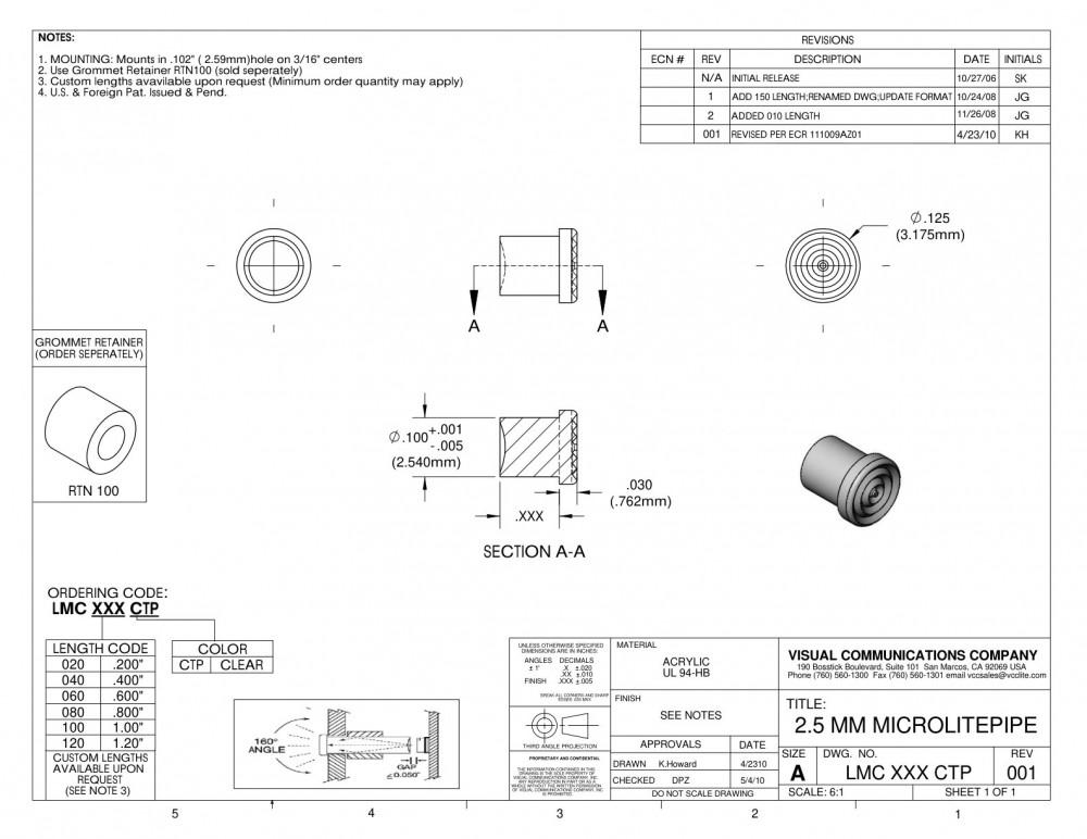 LMC_020_CTP 2.5 mm MicroLite pipe product drawing