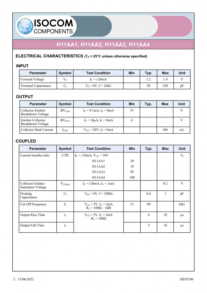 ISOCOM H11AA1 datasheet page 2