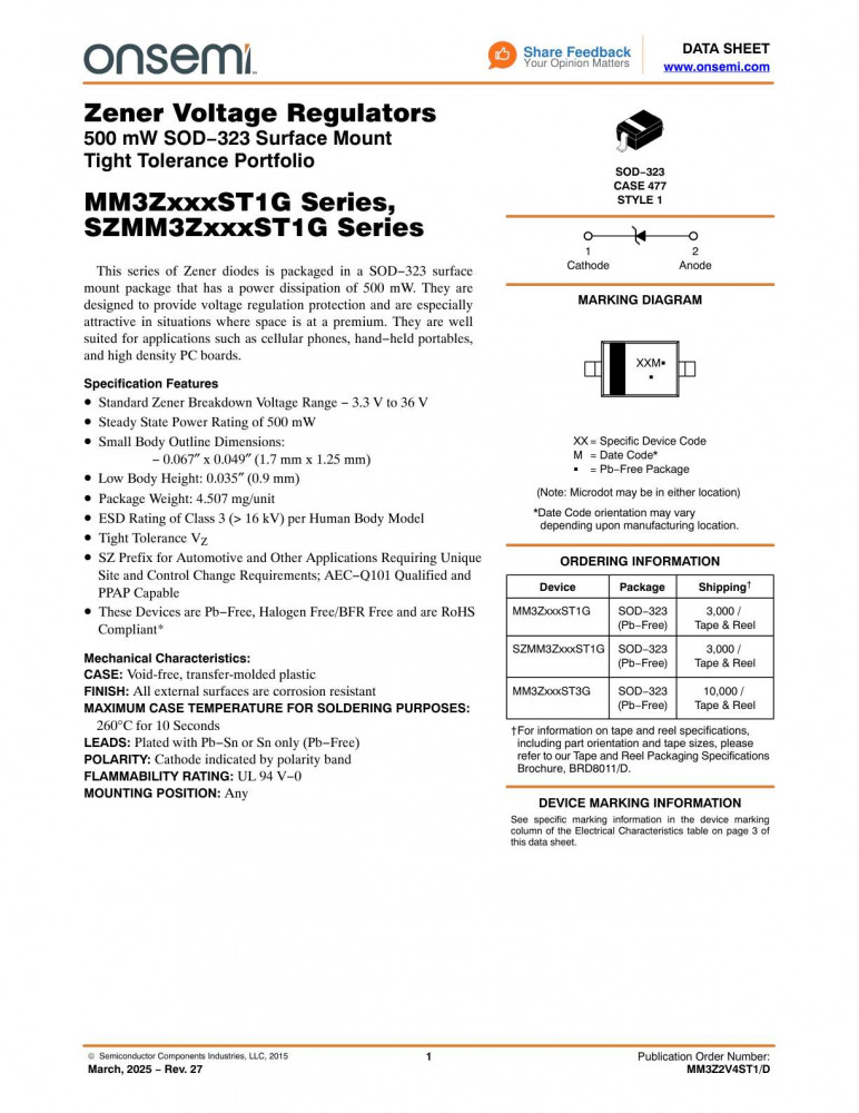 MM3Z3V3ST1G datasheet page 1
