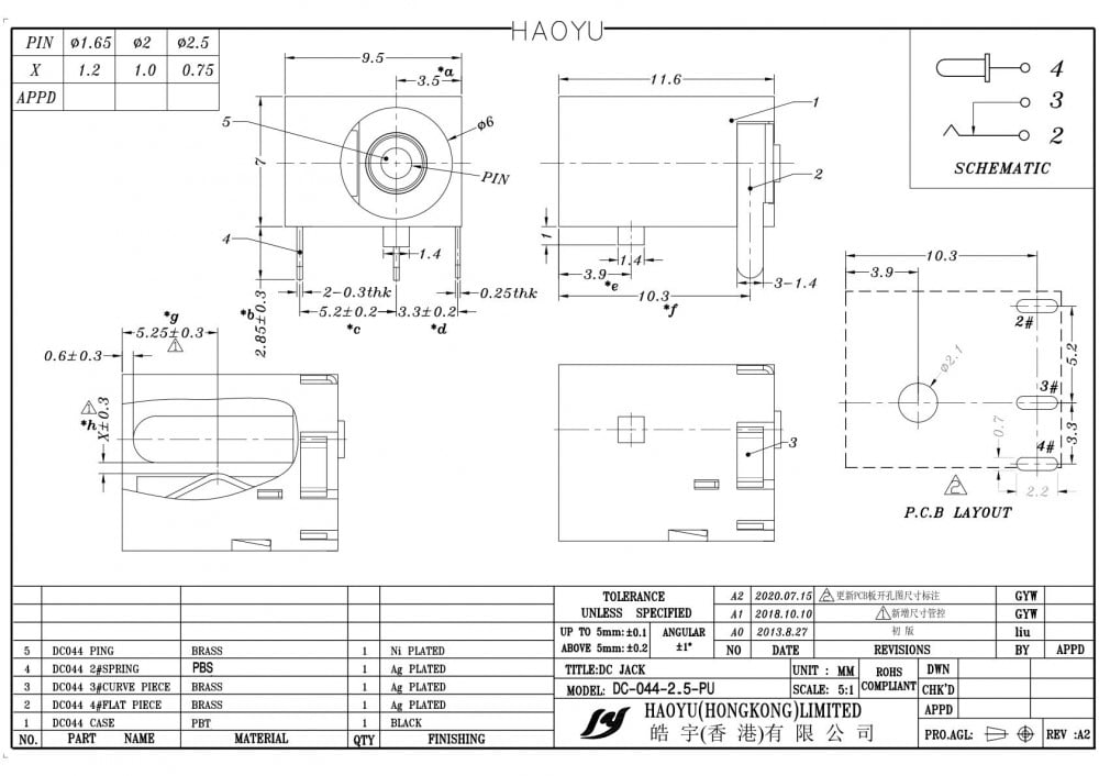 DC-044-2.5-PU component and material drawing