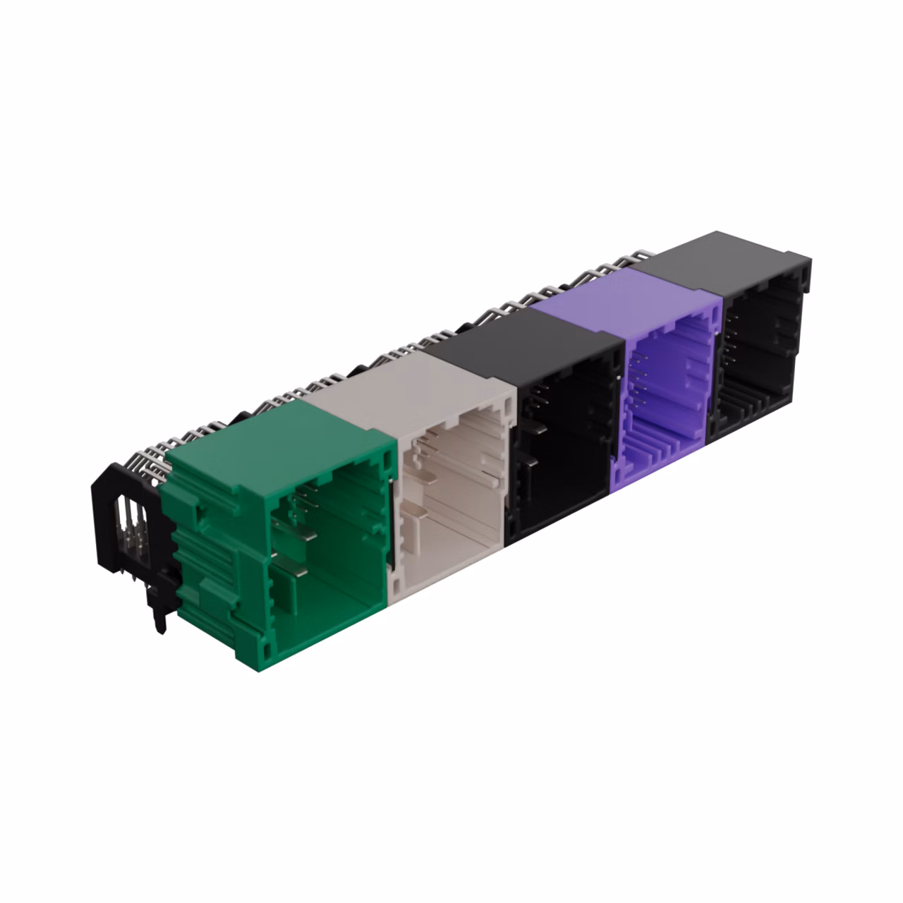 stAK50h 5 Bay Right-Angle Hybrid Header, 139 Circuits, Bay 1: 25 Circuits/Key 1/Green; Bay 2: 25 Circuits/Key 2/Gray; Bay 3: 25 Circuits/Key 3/Black; Bay 4: 32 Circuits/Key 1/Black; Bay 5: 32 Circuits/Key 3/Dark Gray; Tray for sale