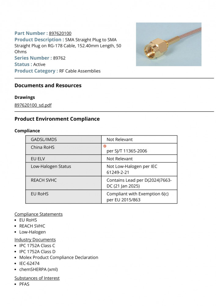MOLEX 897620100 drawing preview, page 1